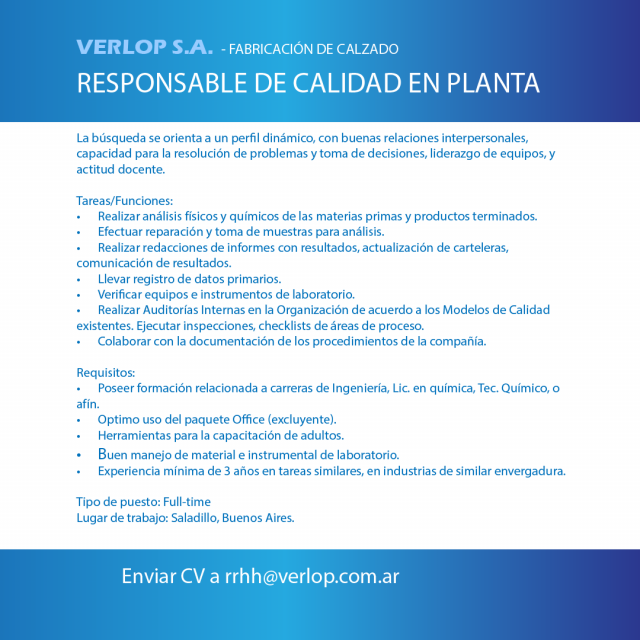 Responsable de Calidad en Planta - ABC Saladilllo